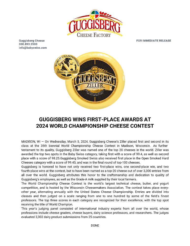 Guggisberg Cheese : Press Releases